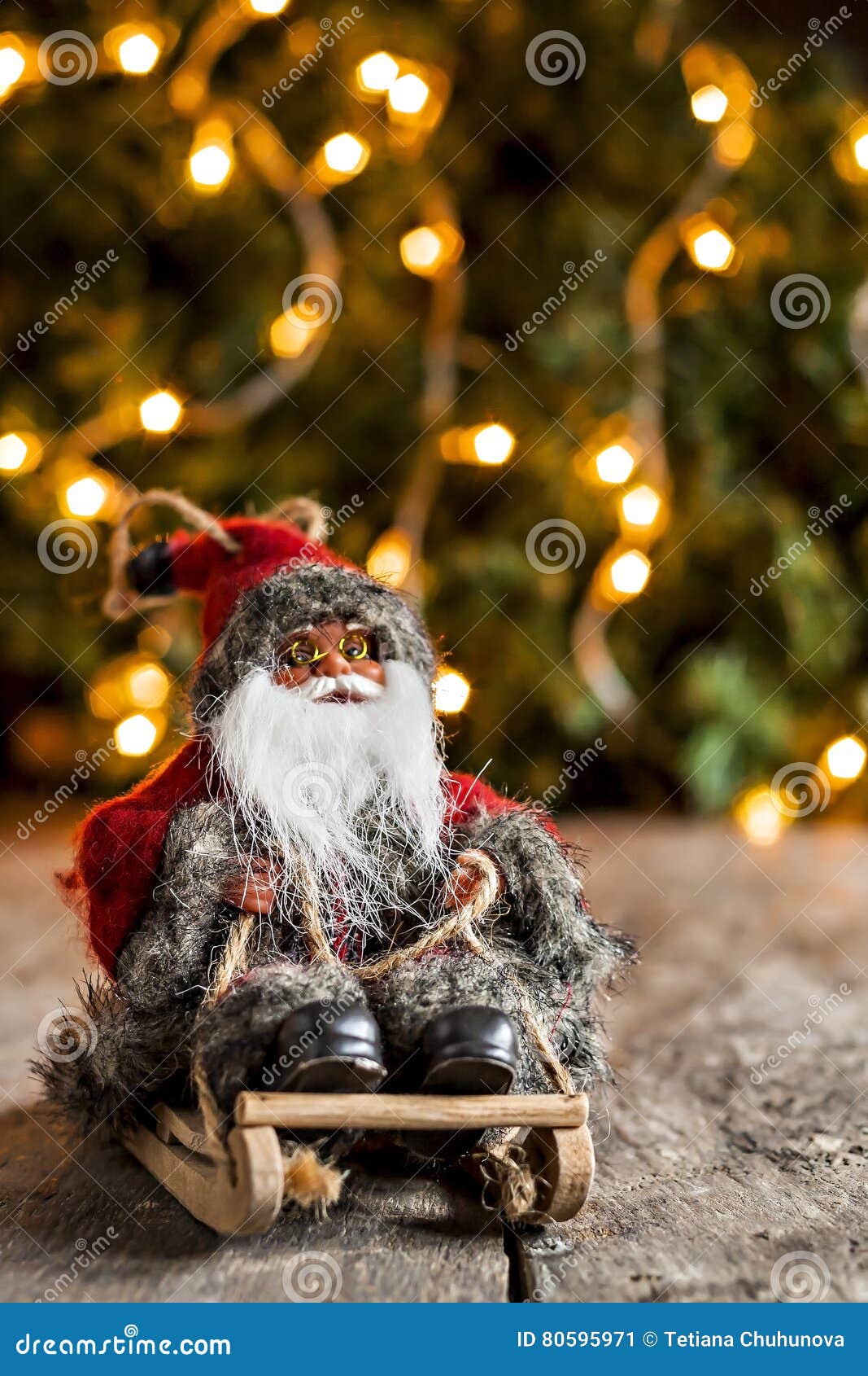 Santa Claus on a Sledge on the Background of Christmas Lights Stock ...
