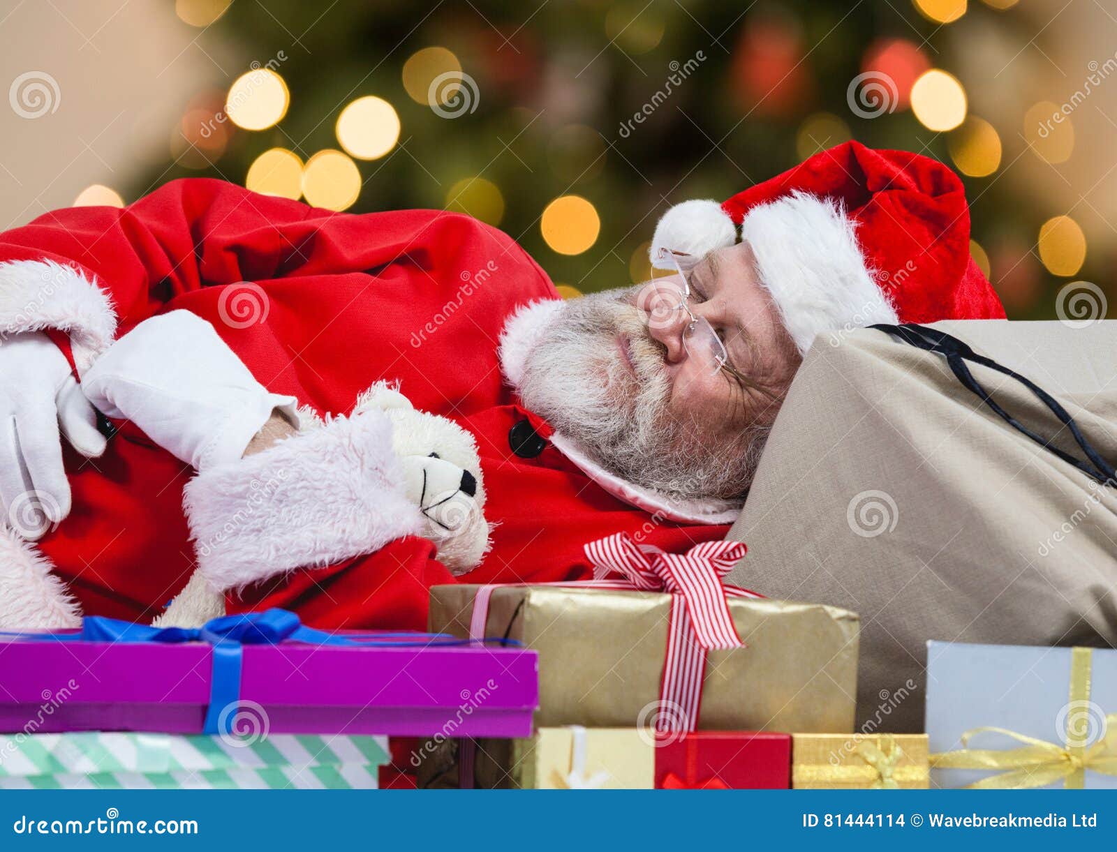 Santa Claus Sleeping on Gift Boxes Stock Photo - Image of activity ...