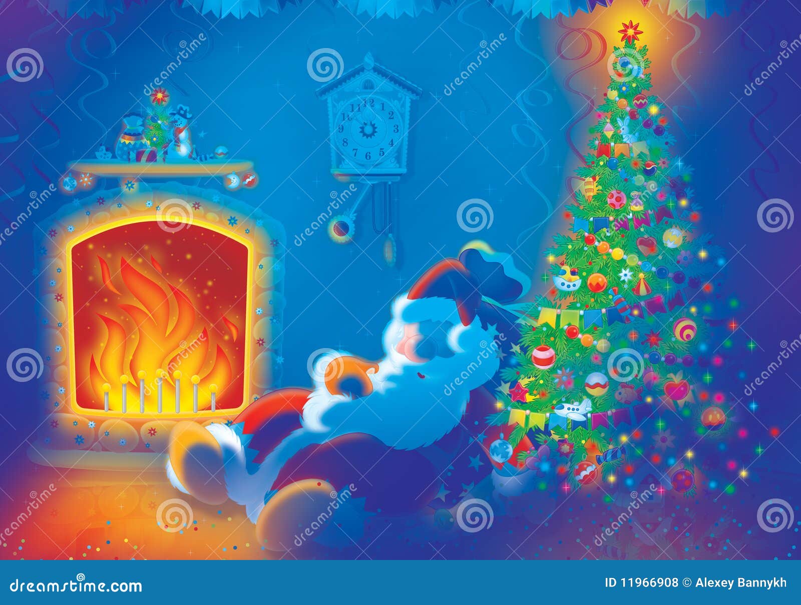 Santa Claus Sleeps by the Fire Stock Illustration - Illustration of ...
