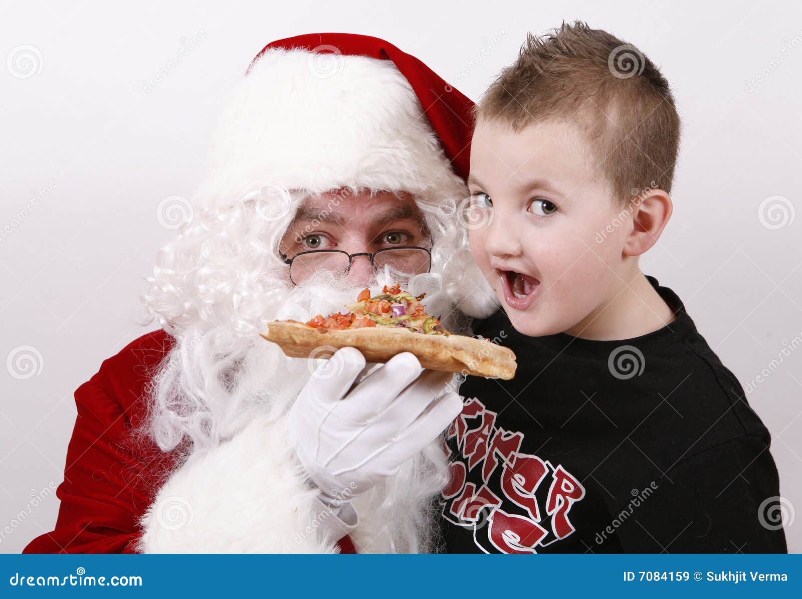 Santa Claus Smiling and Eating Pizza Stock Image - Image of cheese ...