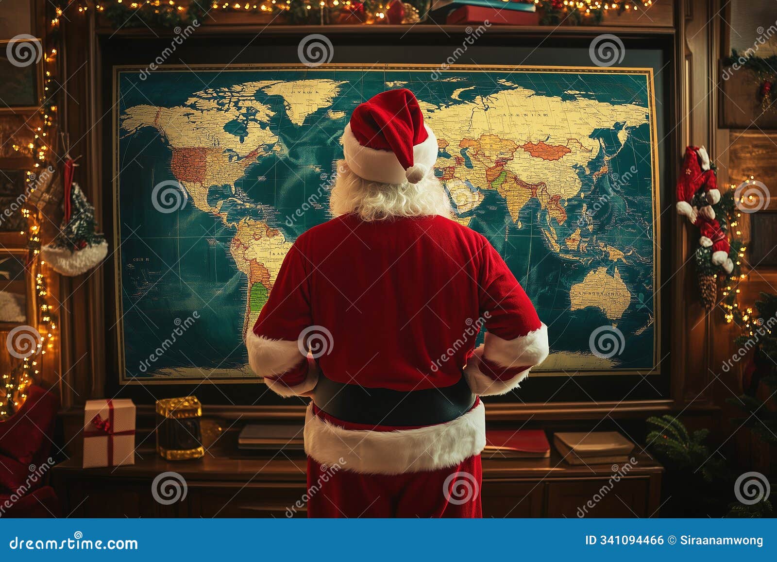 Santa Claus Standing Decision and Watching World Map on Board. by ...