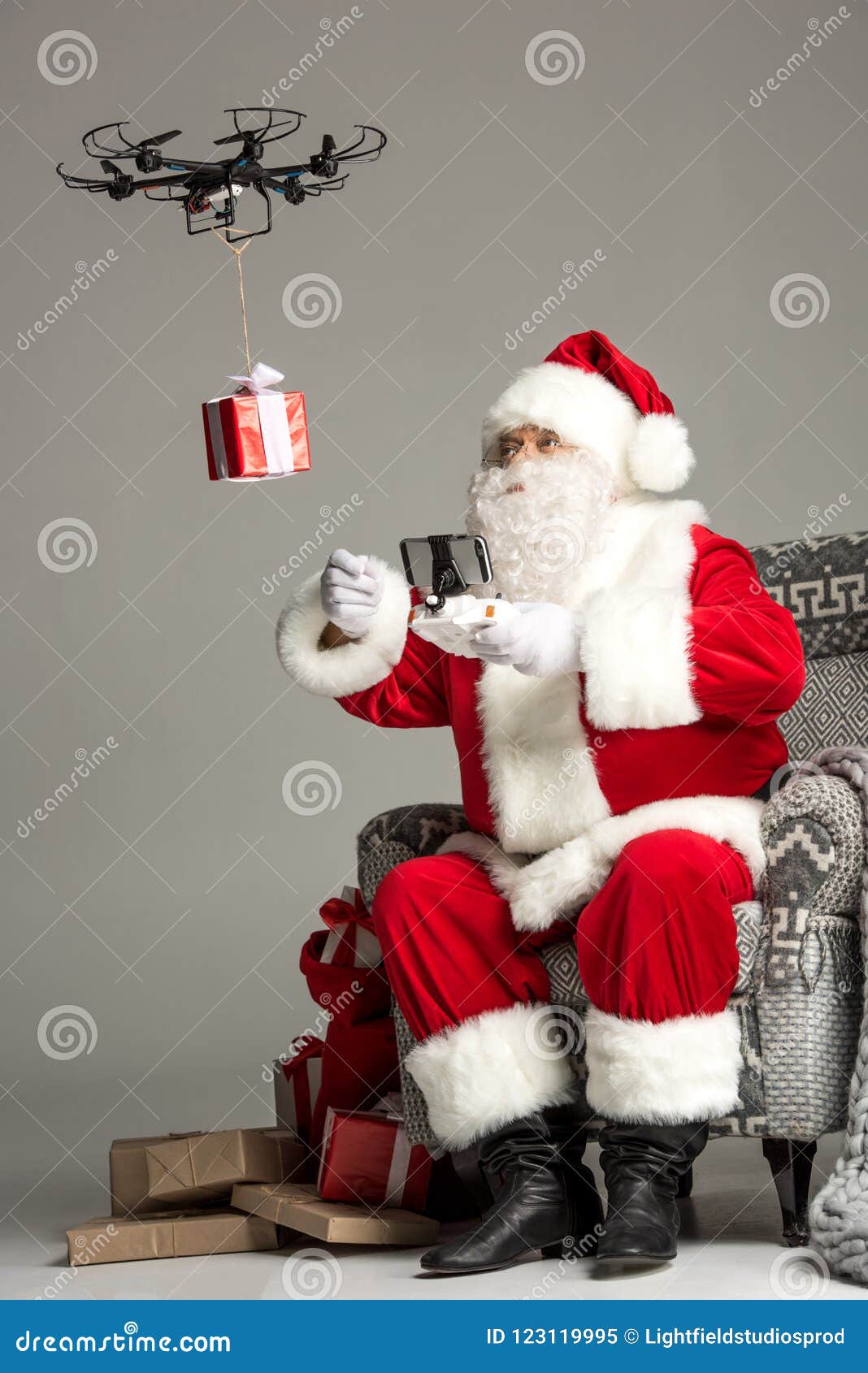 Santa Claus using drone stock image. Image of christmas - 123119995