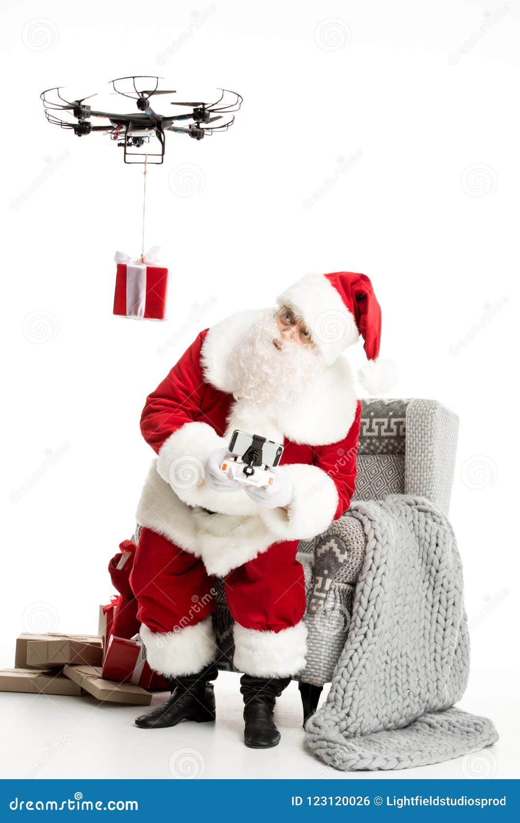 Santa Claus using drone stock photo. Image of copter - 123120026