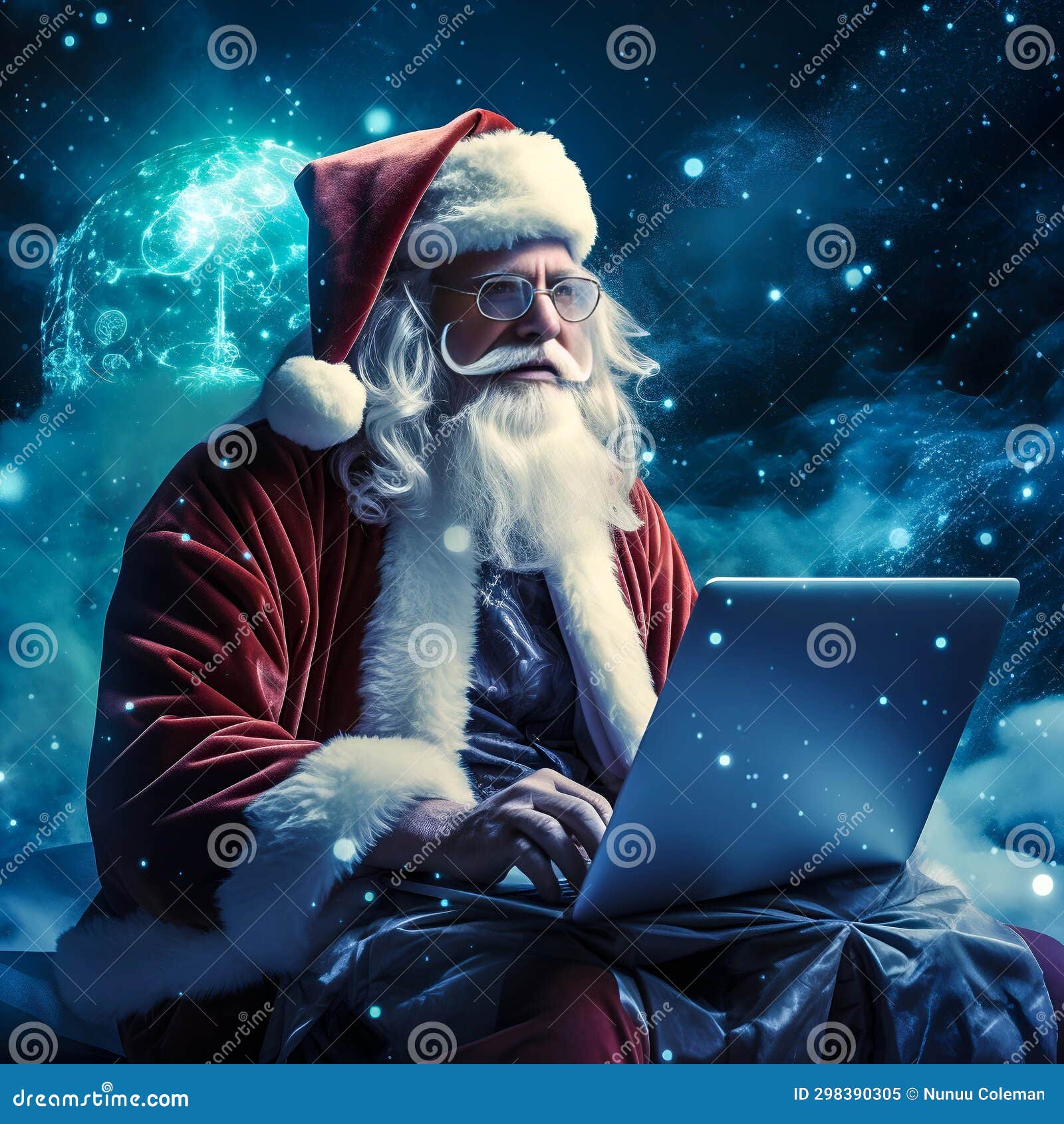 Santa Claus Using Laptop Computer, Future Background. Stock ...