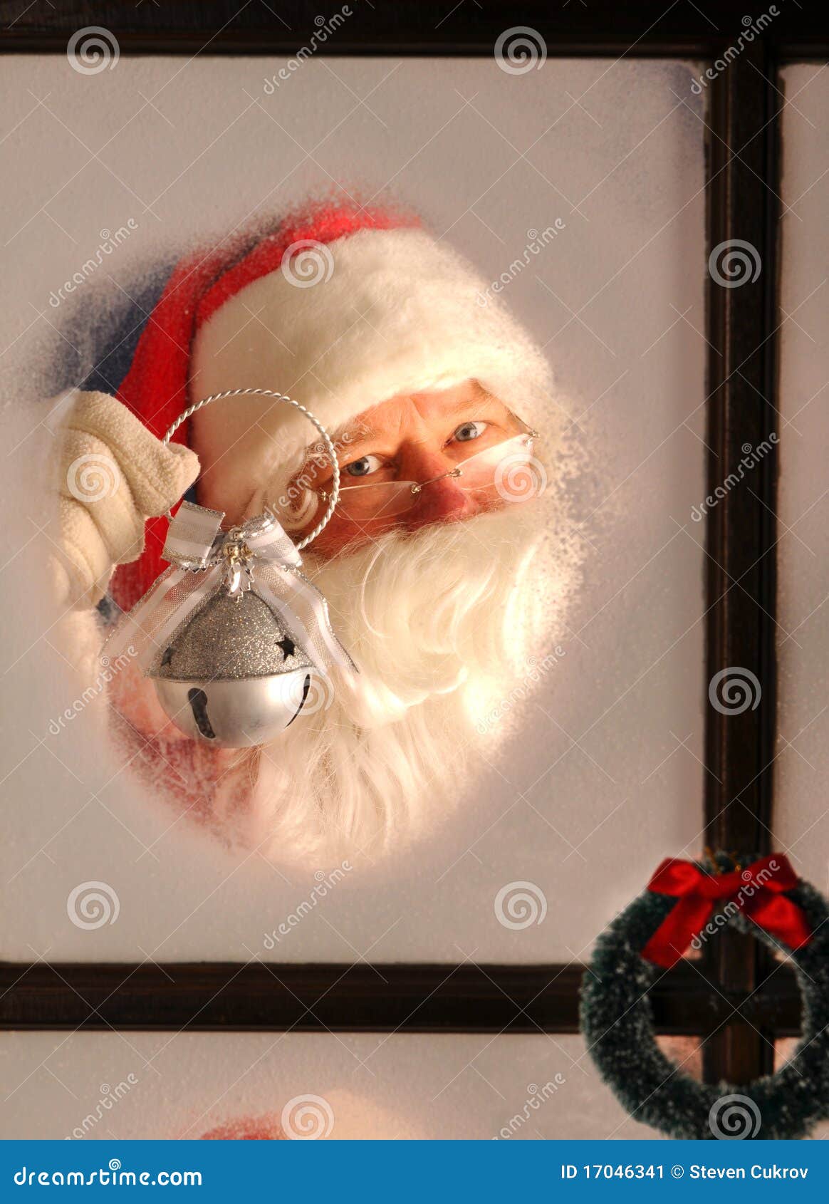 Santa Claus in Window with Silver Bell Stock Image - Image of silver ...