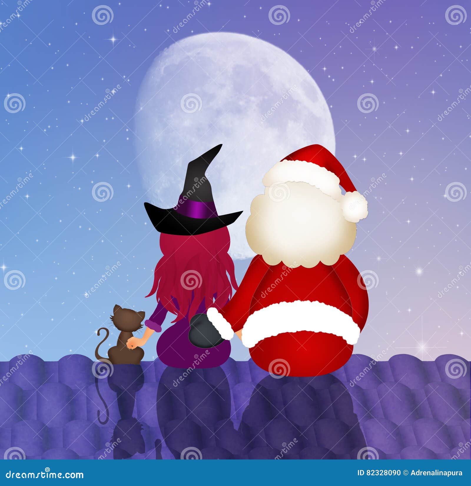 Santa Claus and Witch on Roof Stock Illustration - Illustration of ...