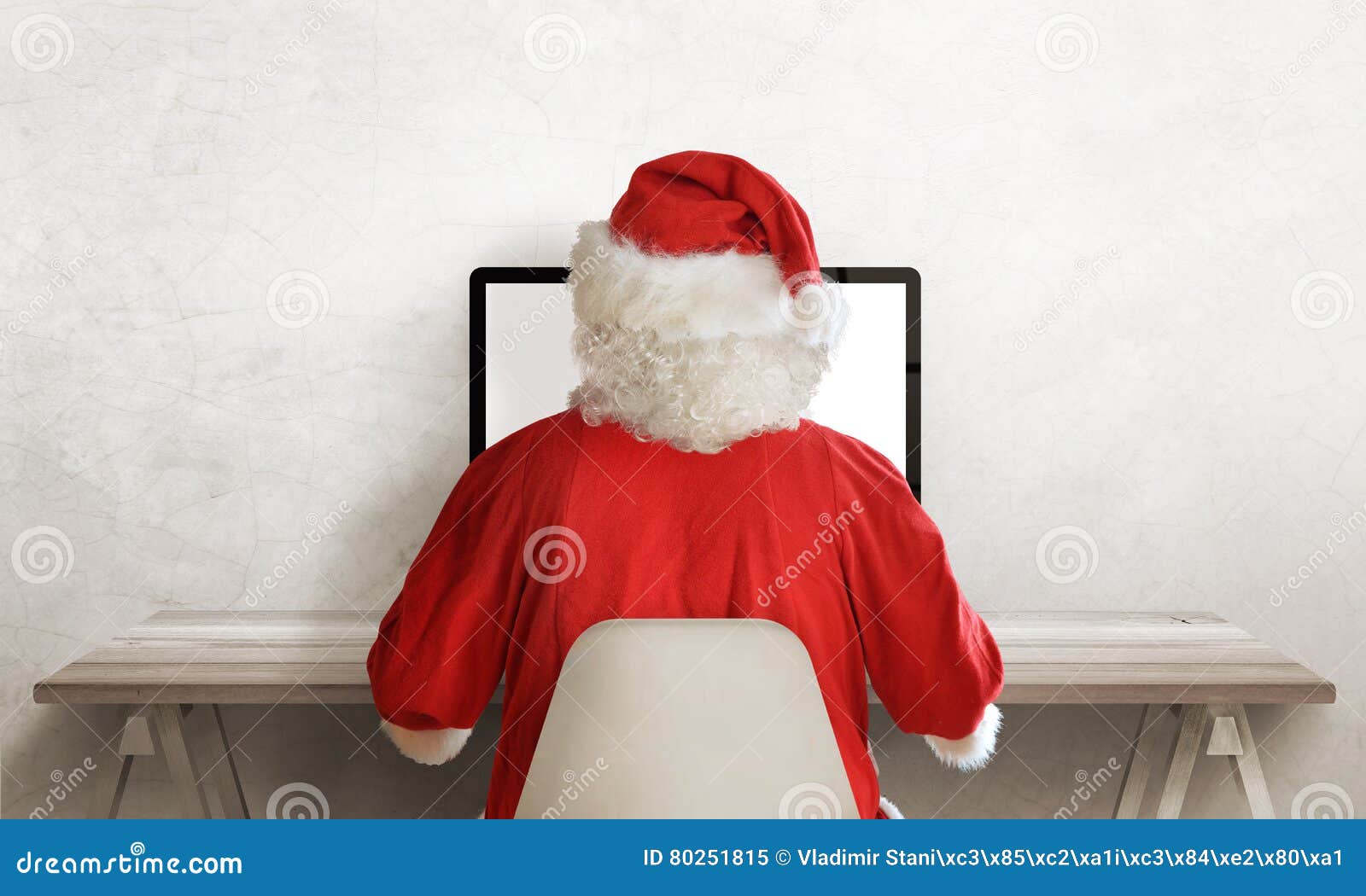 Santa Claus Work on Computer. View from Back. Free Space beside from ...