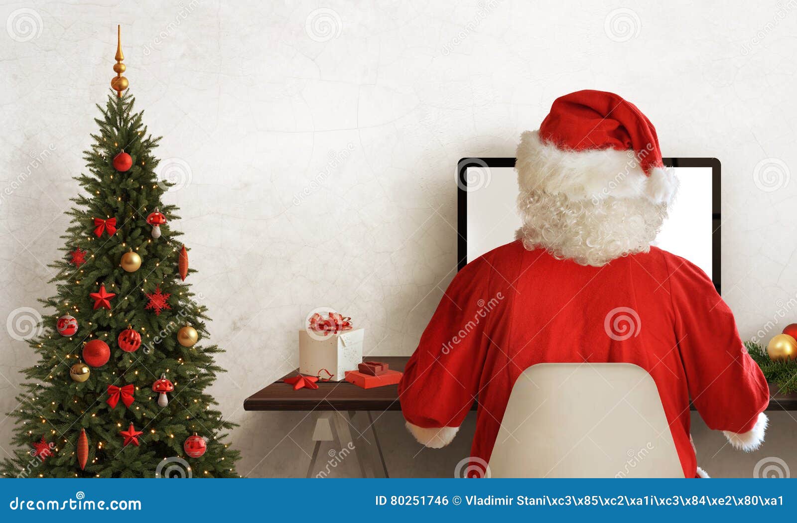 Santa Claus Work Hard during Christmas. Christmas Tree and Gift beside ...
