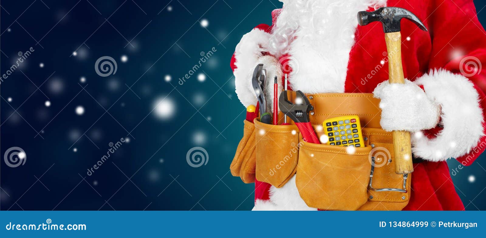 Santa Claus with a Tool Belt on Winter Background Stock Image - Image ...