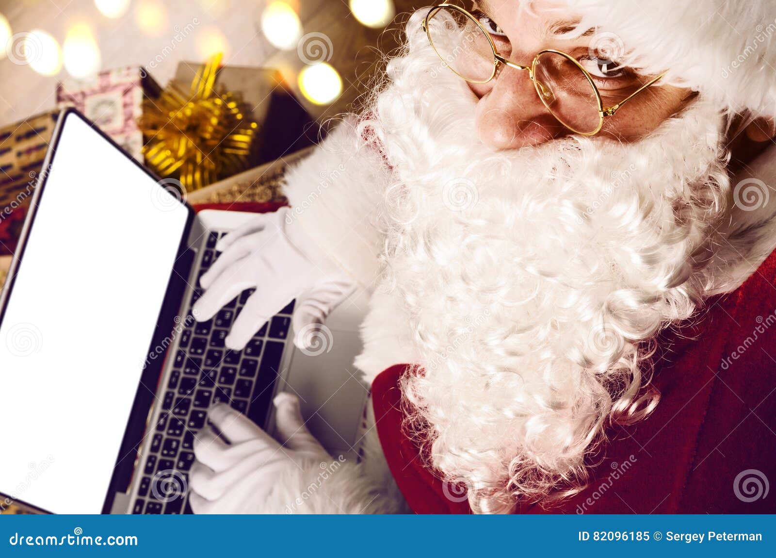 Santa Claus Working on Modern Laptop Stock Image - Image of suit ...