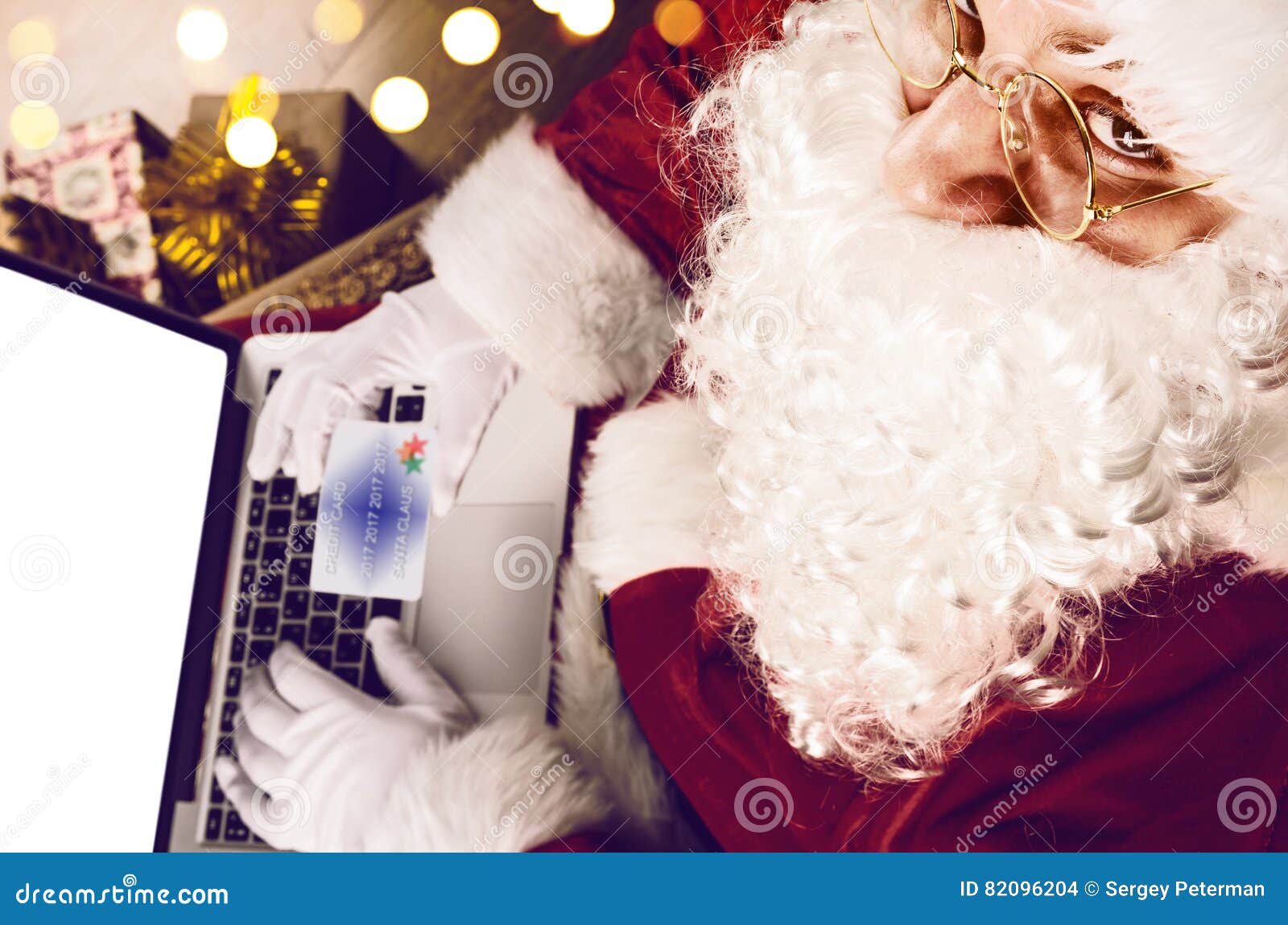 Santa Claus Working on Modern Laptop Stock Photo - Image of white ...