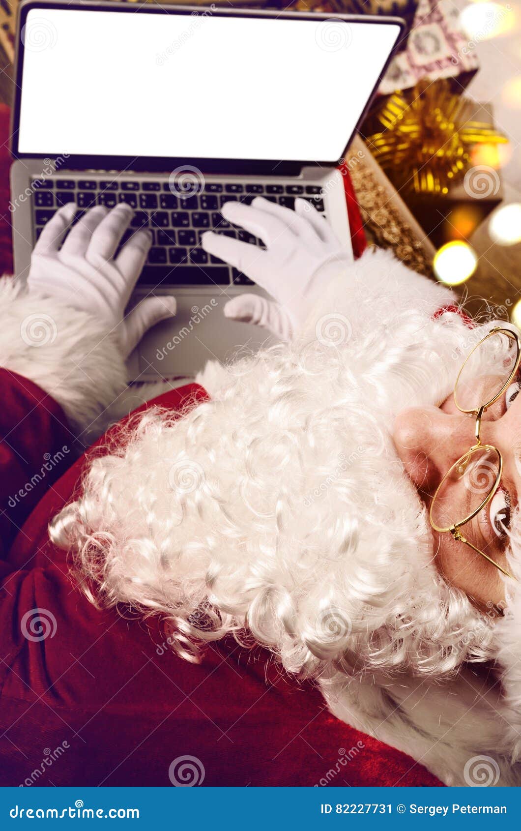 Santa Claus Working on Modern Laptop Stock Image - Image of indoors ...