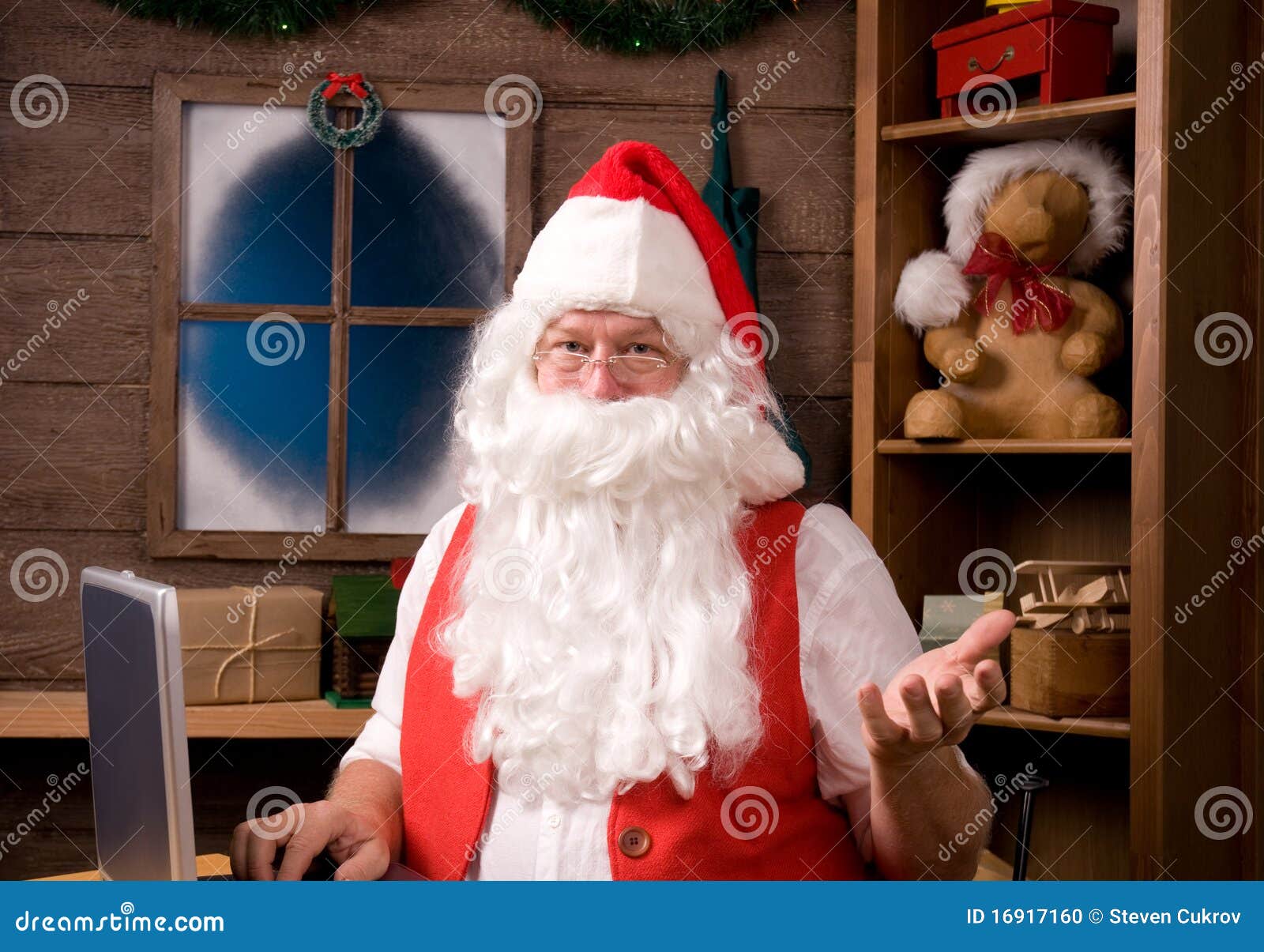 Santa Claus in Workshop with Laptop Stock Photo - Image of happy, beard ...