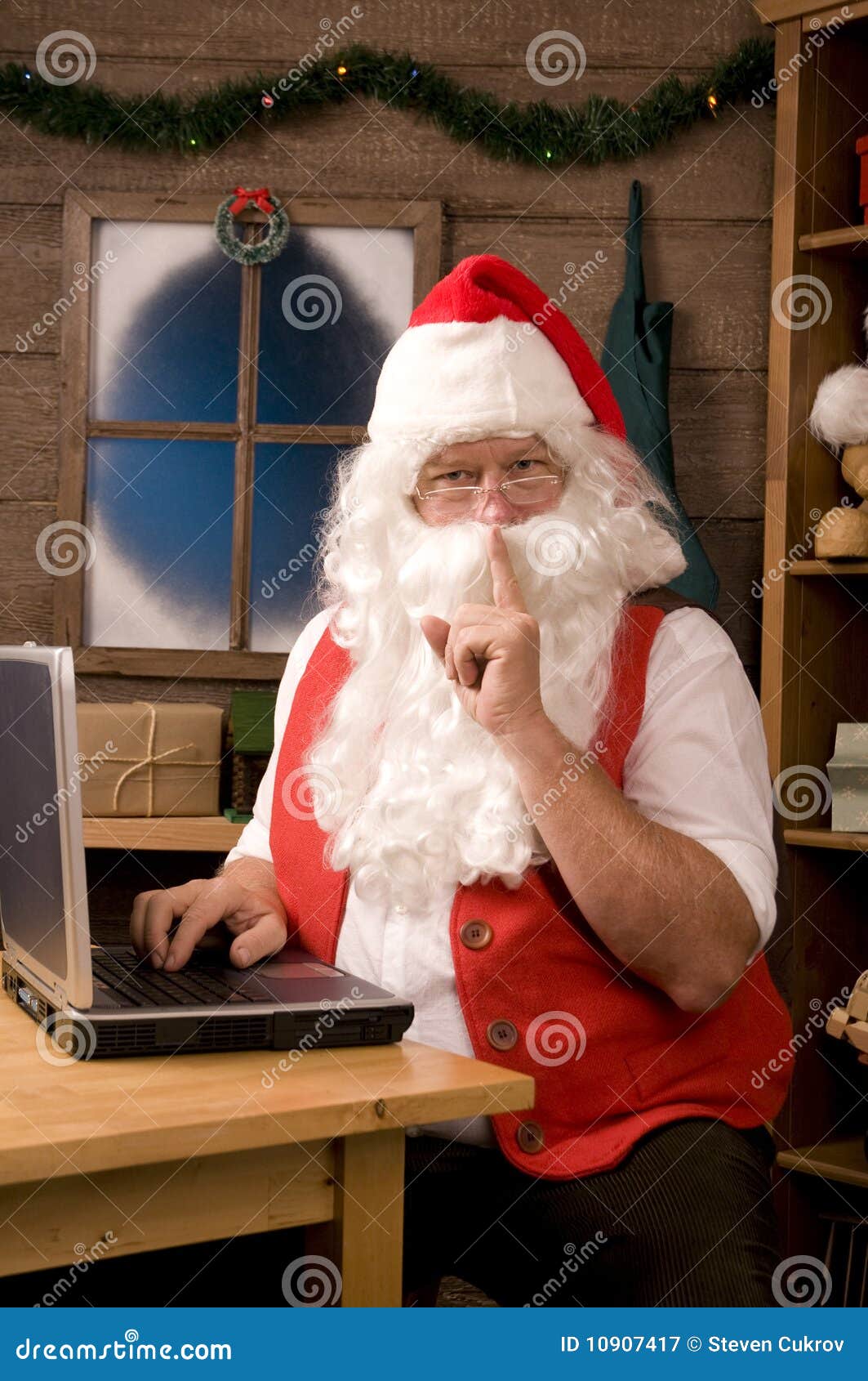Santa Claus in Workshop Using Laptop Stock Image - Image of christmas ...