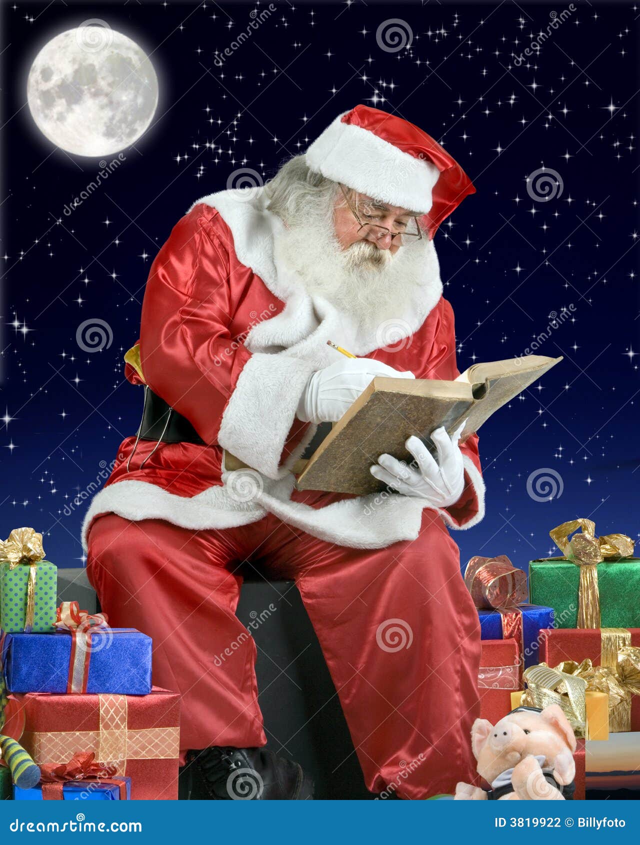 Santa Claus Writing His Notebook on the Roof of a Stock Photo - Image ...