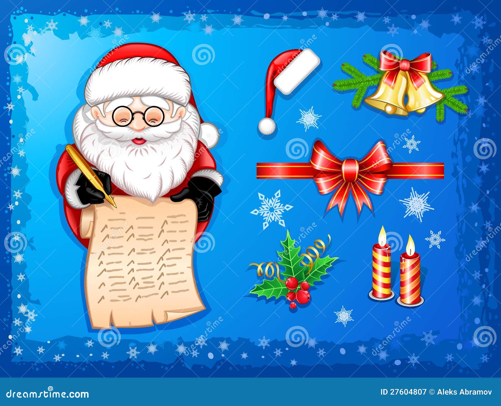 Santa-Claus Writing on Scroll with Christmas Icons Stock Vector ...