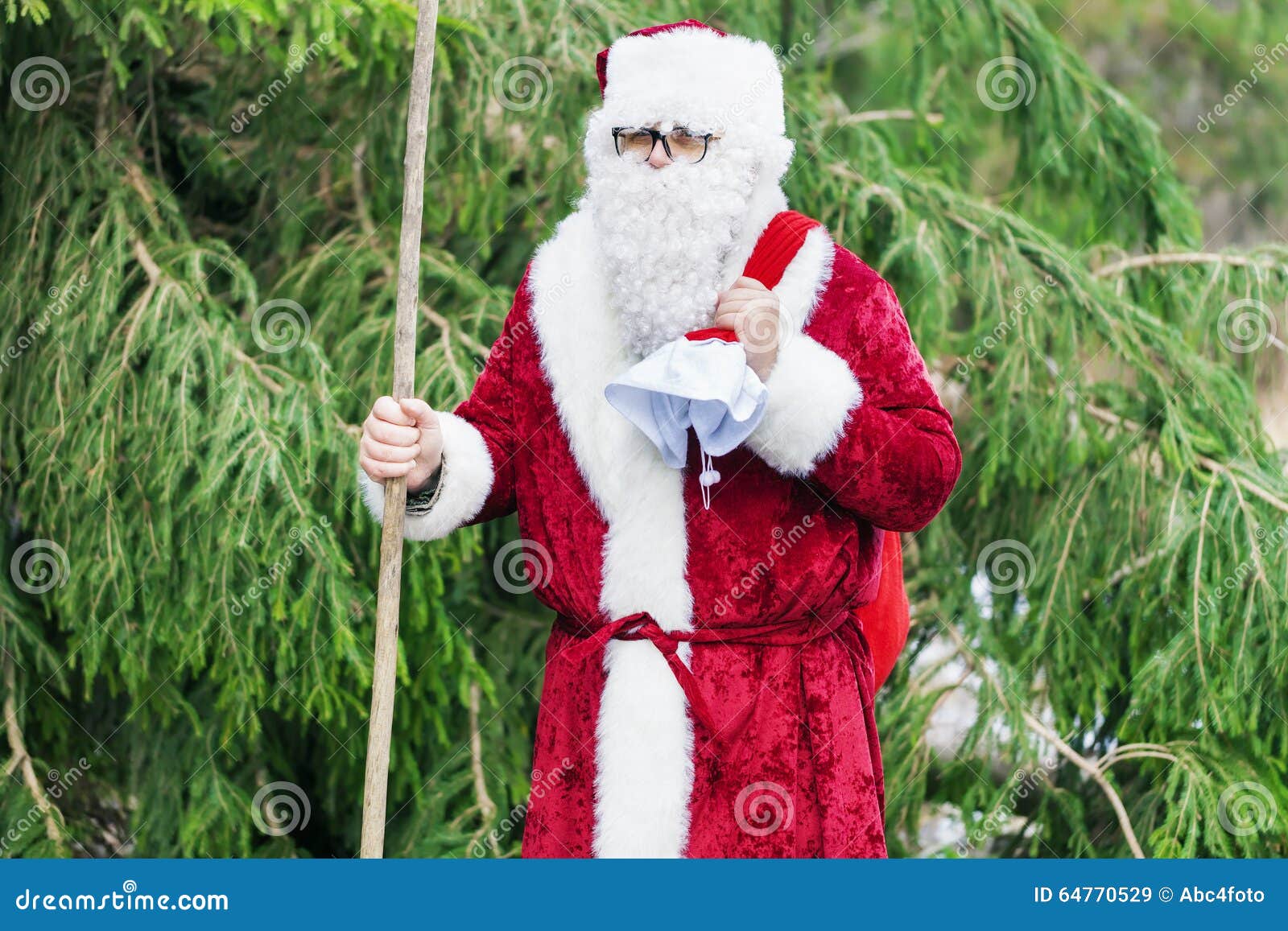 Santa Clause in Forest with Gift Bag Stock Image - Image of white ...