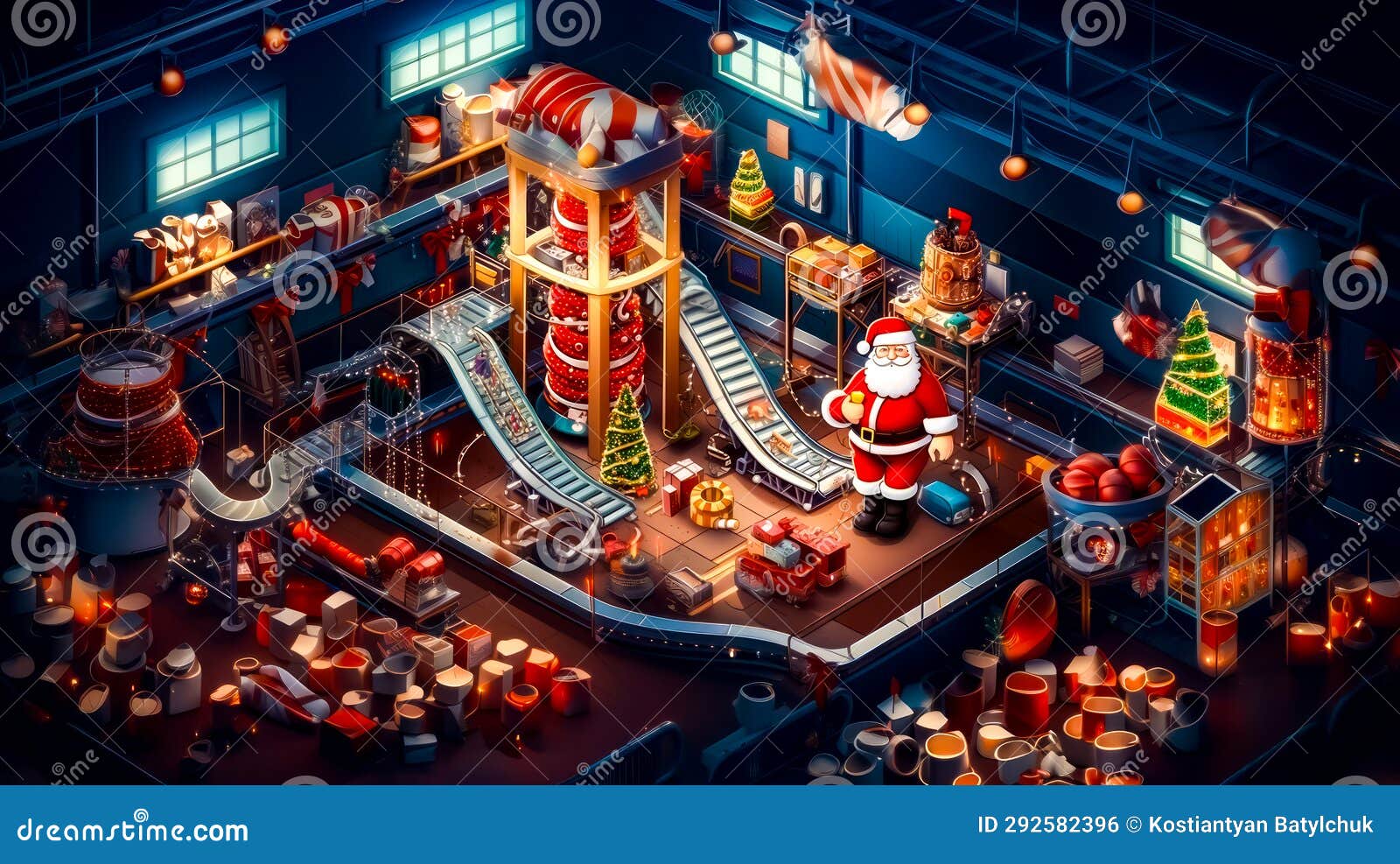 Santa Clause is Standing in Front of Christmas Tree and Roller Coaster ...