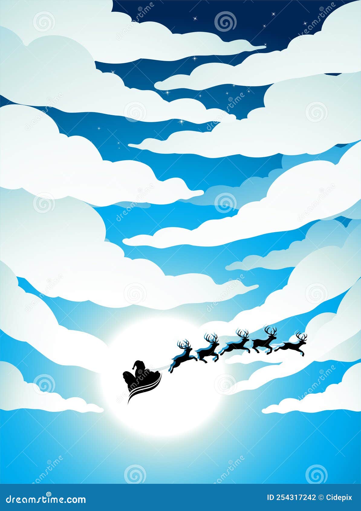 Santa and Cloudy Blue Sky with Bright Moon Light Stock Vector ...