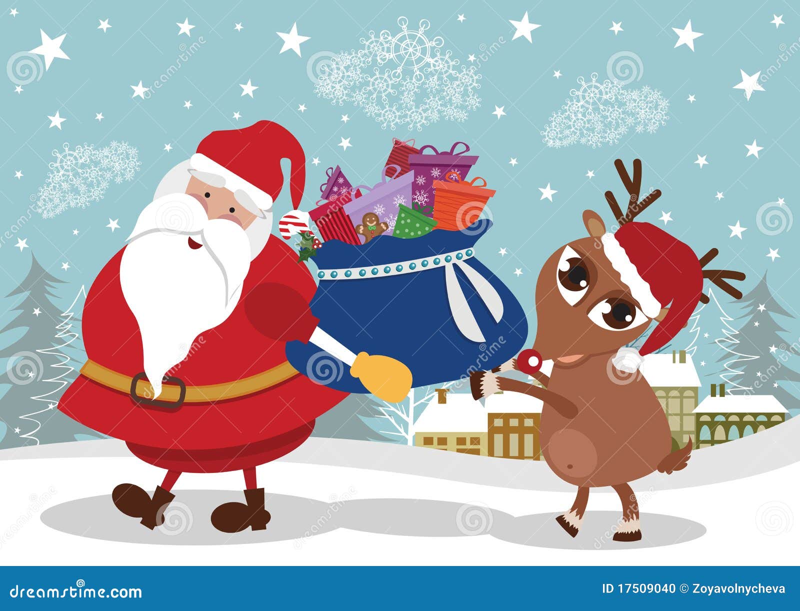 Santa and Deer with Presents Stock Vector - Illustration of house ...