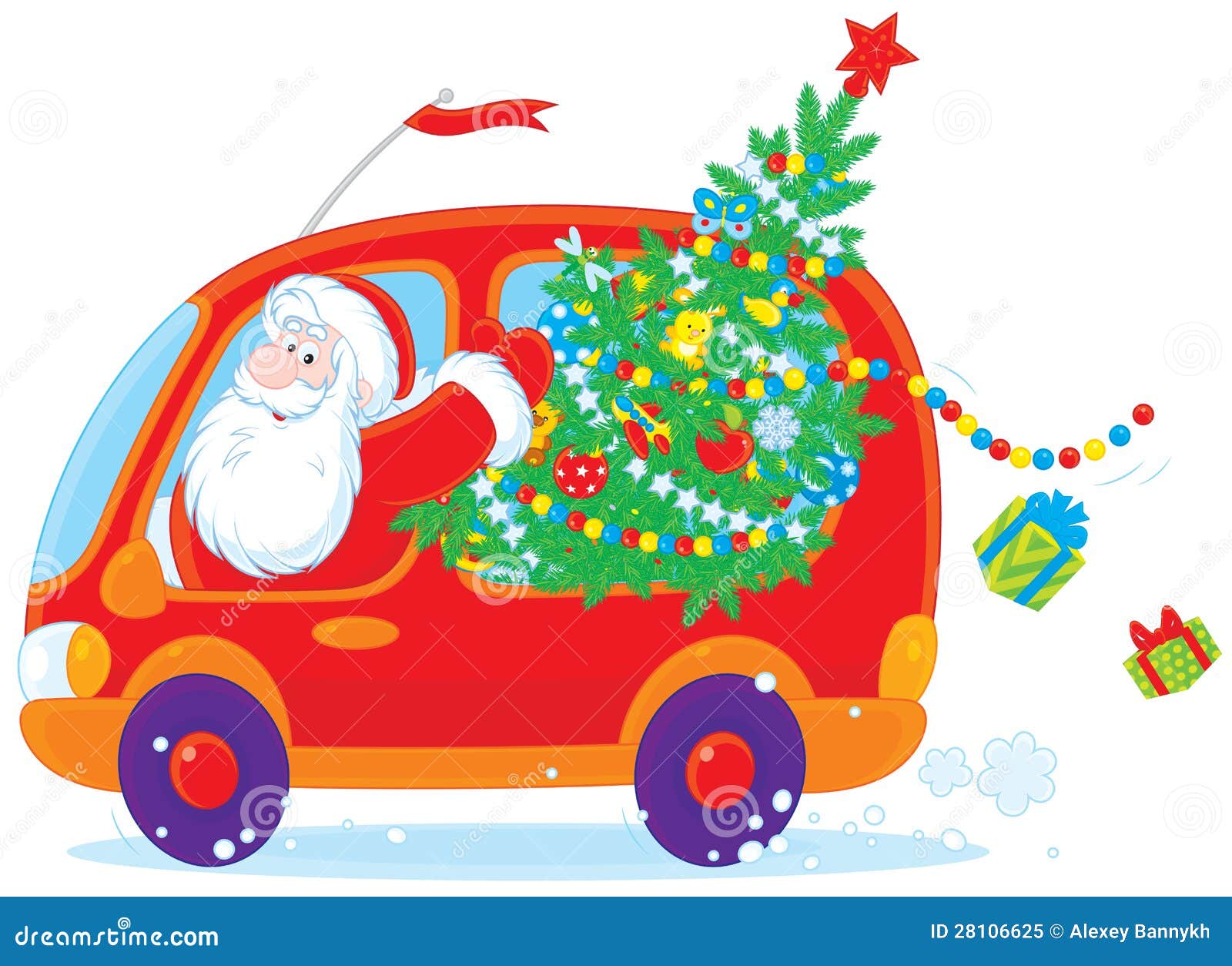 Santa Drives with Christmas Tree Stock Vector - Illustration of ...