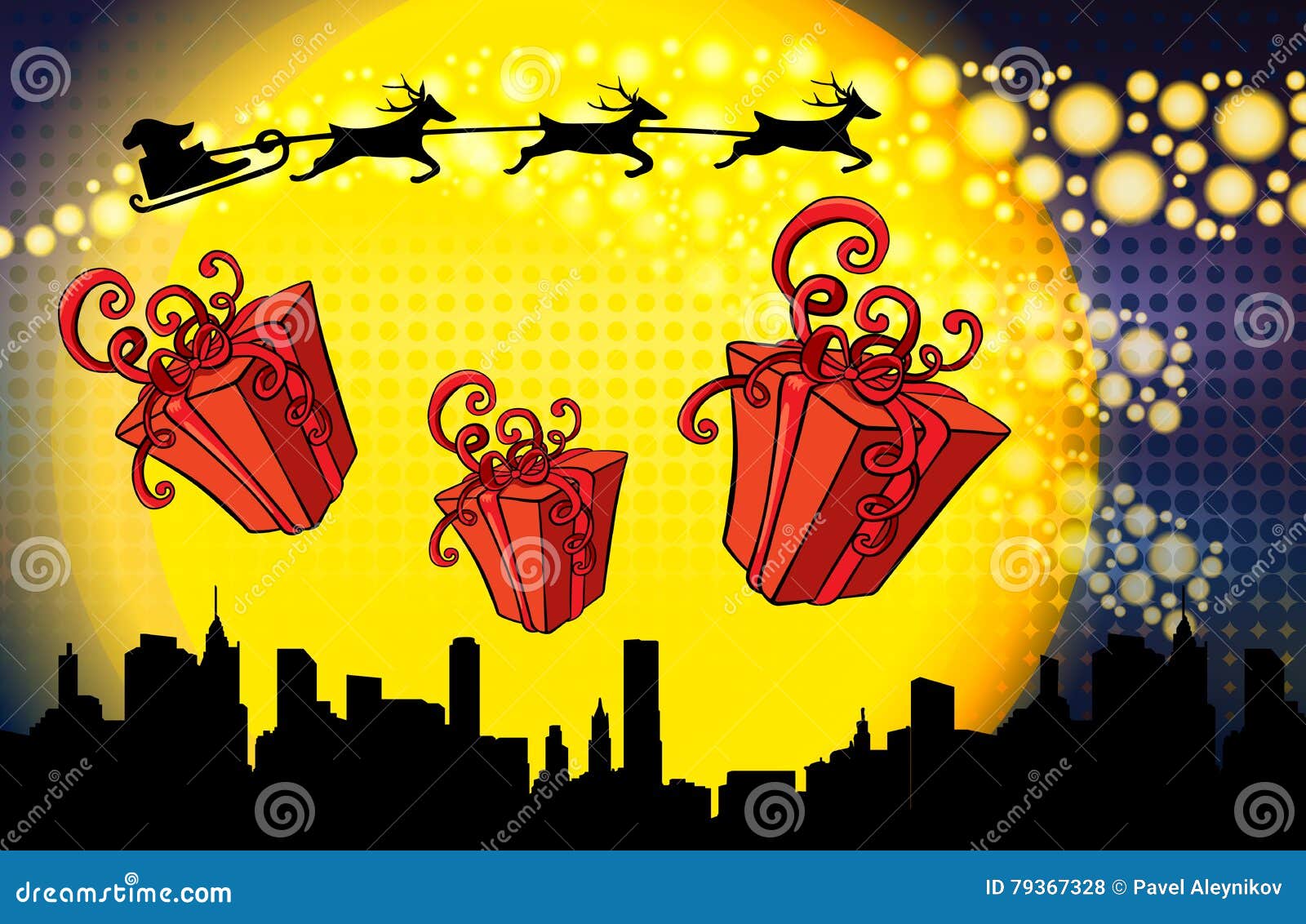 Santa Fly Over City Night and Drop Gift Boxes. Vector Image/ Stock ...