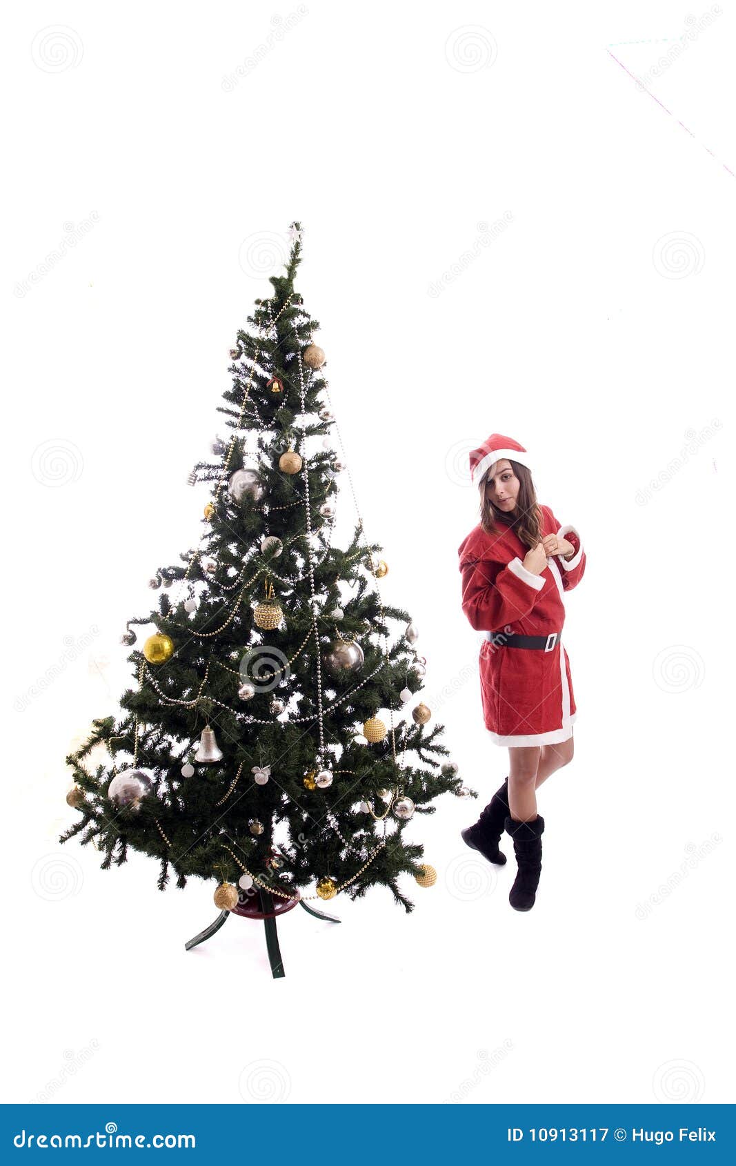 Santa Girl Posing Next To Christmas Tree Stock Image - Image of person ...