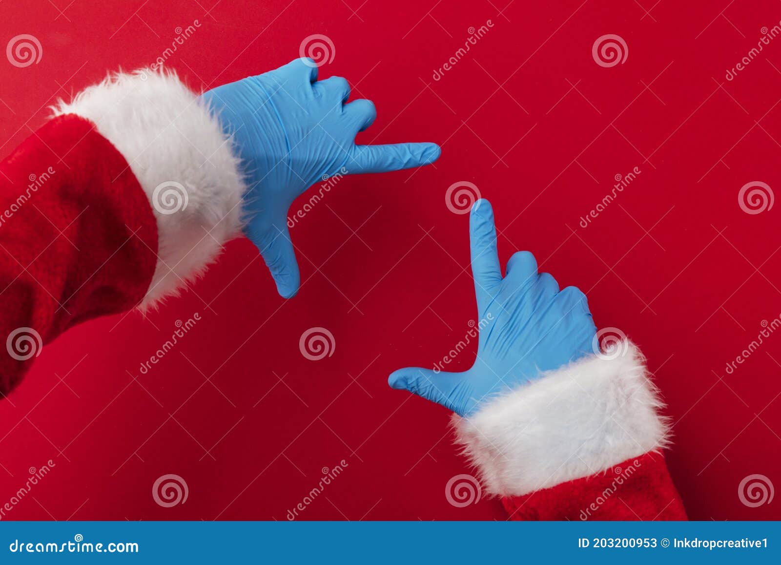 Santa Hands Wearing Blue PPE Protective Gloves Making Frame with Hands ...
