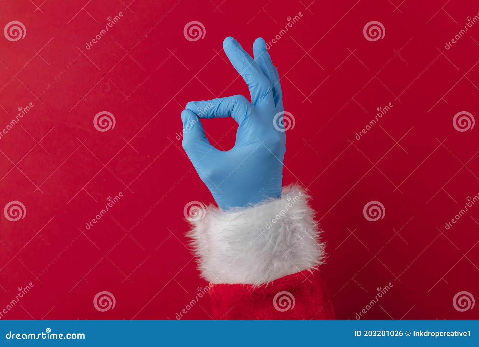 Santa Hands Wearing Blue PPE Protective Gloves Making OK Hand Gesture ...