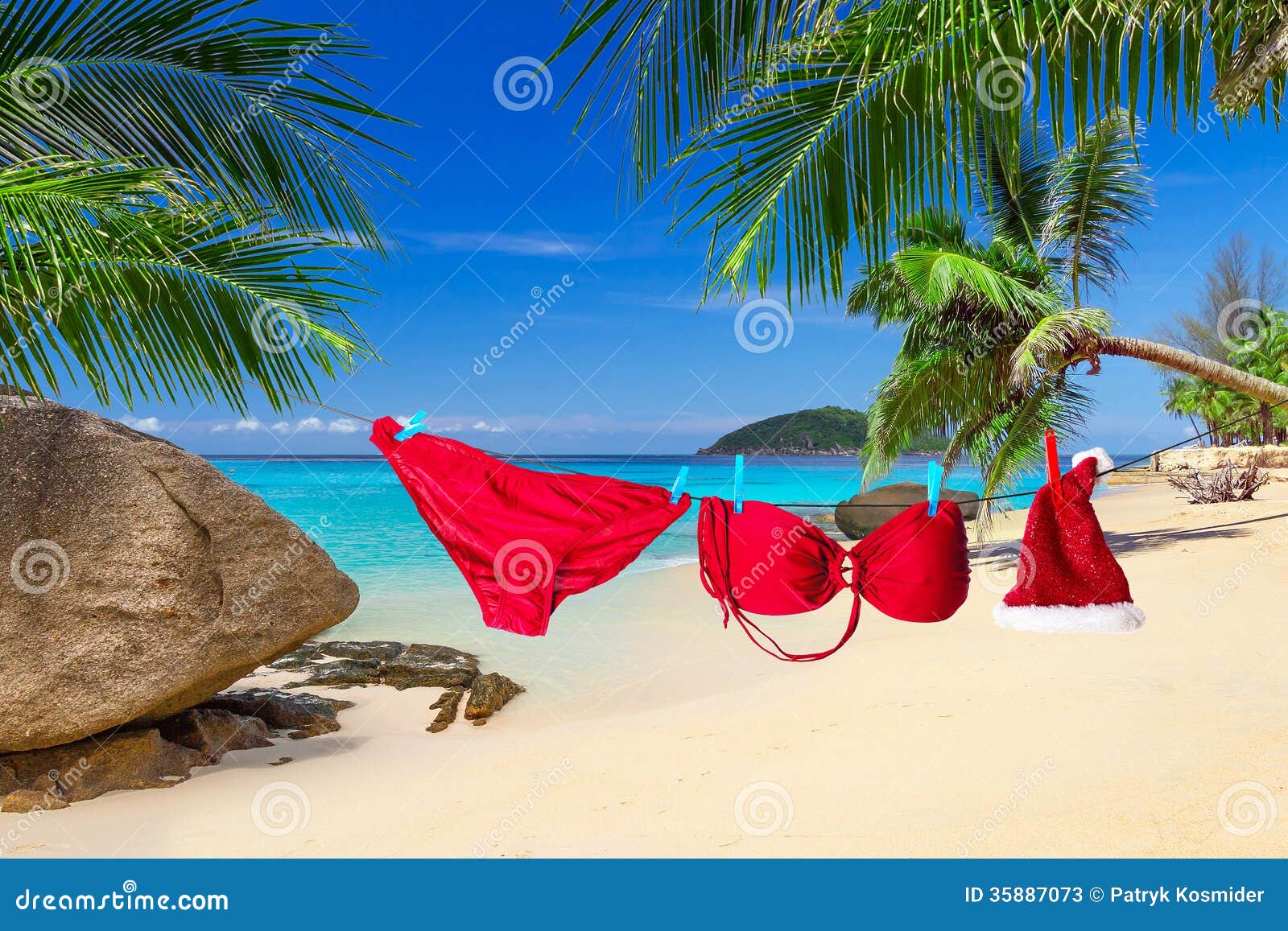 Santa Hat and Red Bikini on the Tropical Beach Stock Image - Image of ...