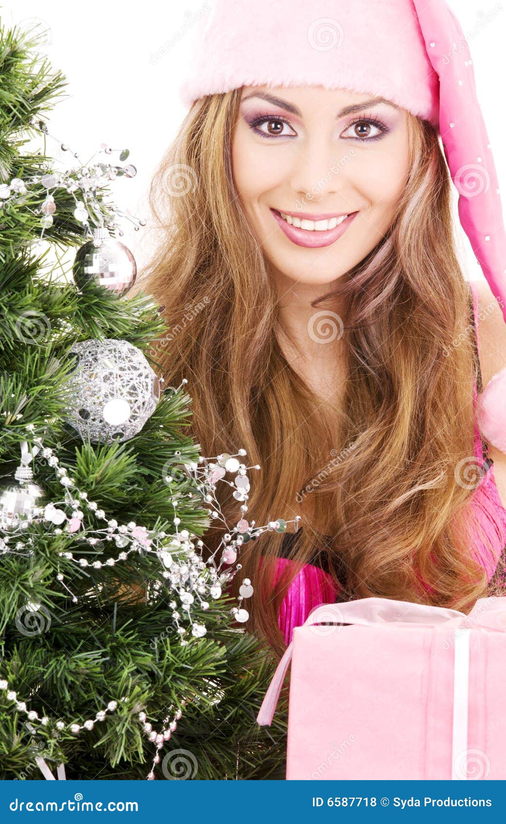 Santa Helper Girl with Gift Box and Christmas Tree Stock Photo - Image ...
