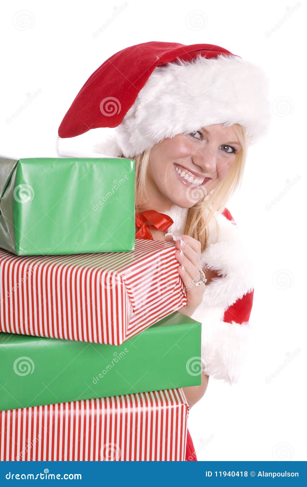 Santa Helper with Hat and Presents Stock Photo - Image of reflective ...