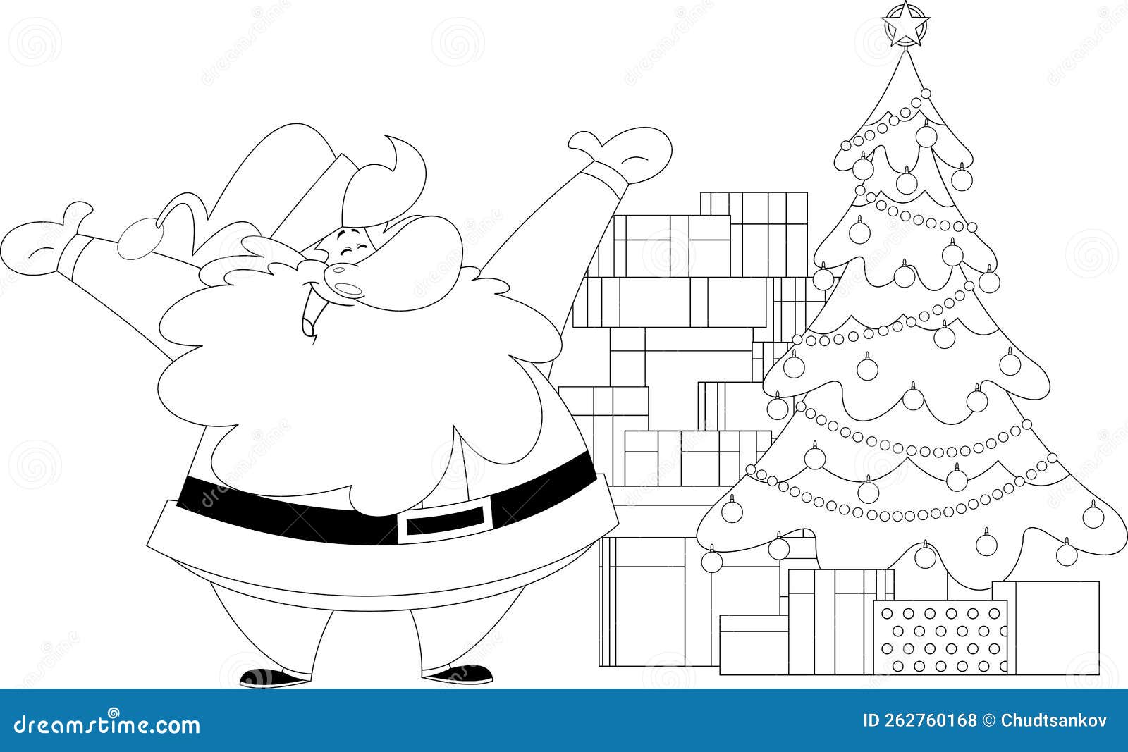 Happy Santa Claus Cartoon Character with Gift Boxes and Christmas Tree ...