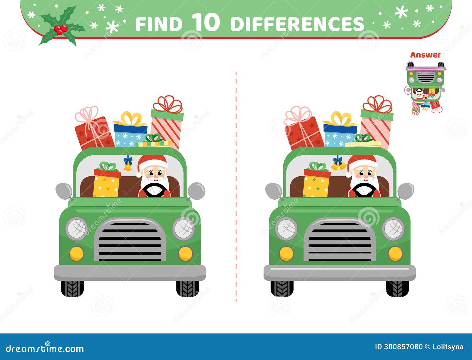 Santa in Pickup with Presents. Find 10 Differences. Game. Flat, Cartoon ...