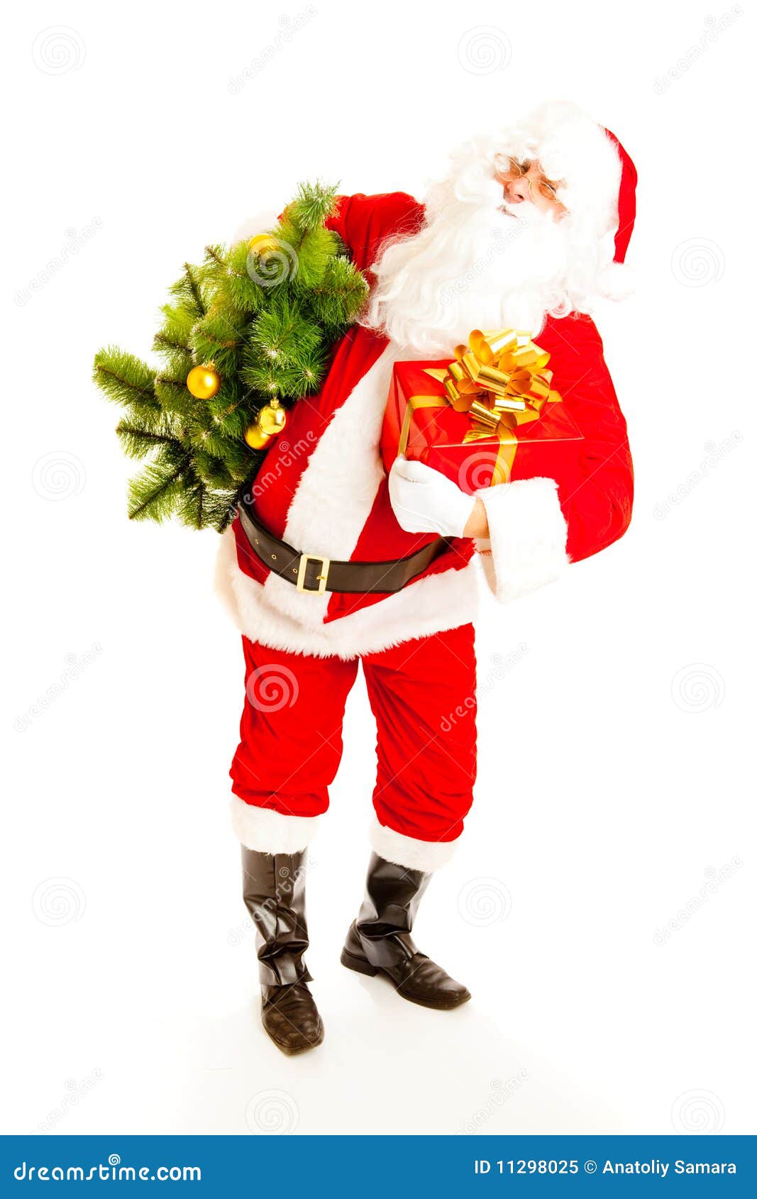 Santa with Present and Christmas Tree Stock Image - Image of ribbon ...