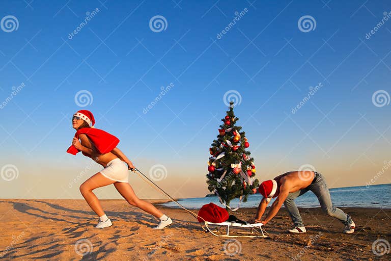 Santa Pulling Christmas Tree Stock Photo - Image of happiness, island ...