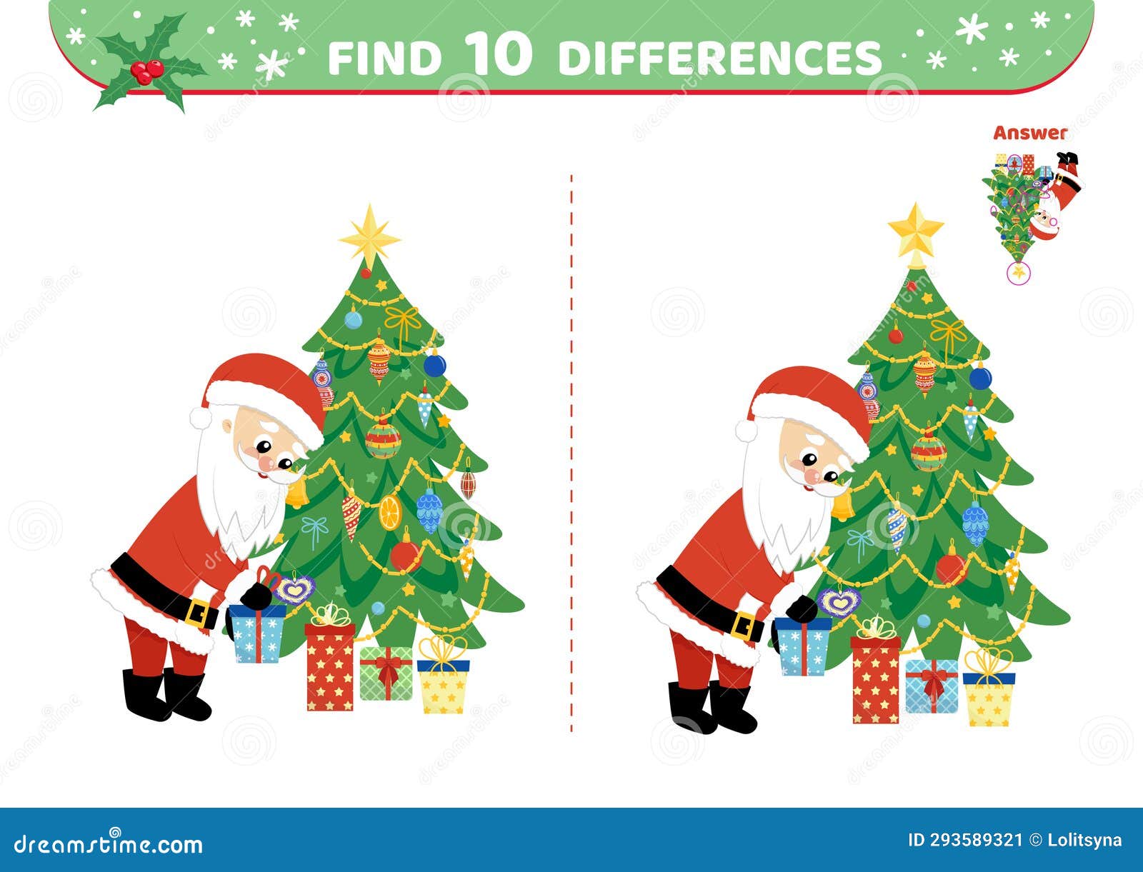 Santa Is Putting Presents Under Christmas Tree Find 10 Differences