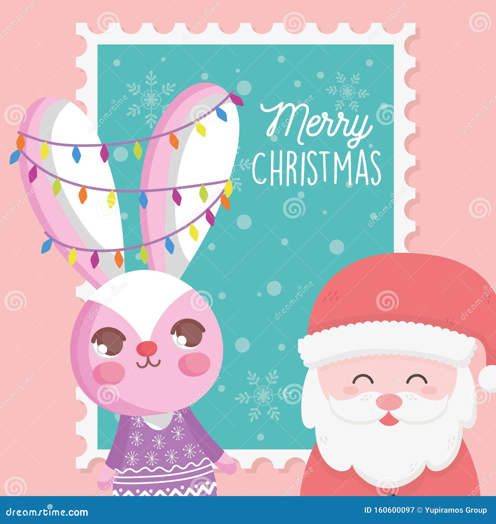 Santa and Rabbit with Lights Merry Christmas Stamp Stock Vector ...