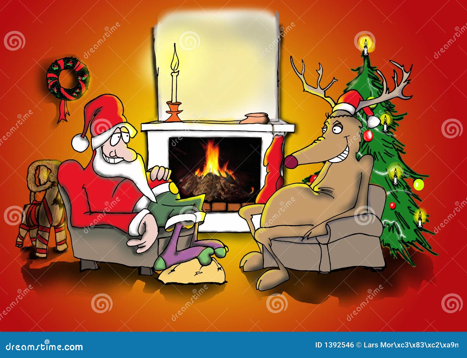 Santa and Reindeer by the Fire Stock Illustration - Illustration of ...