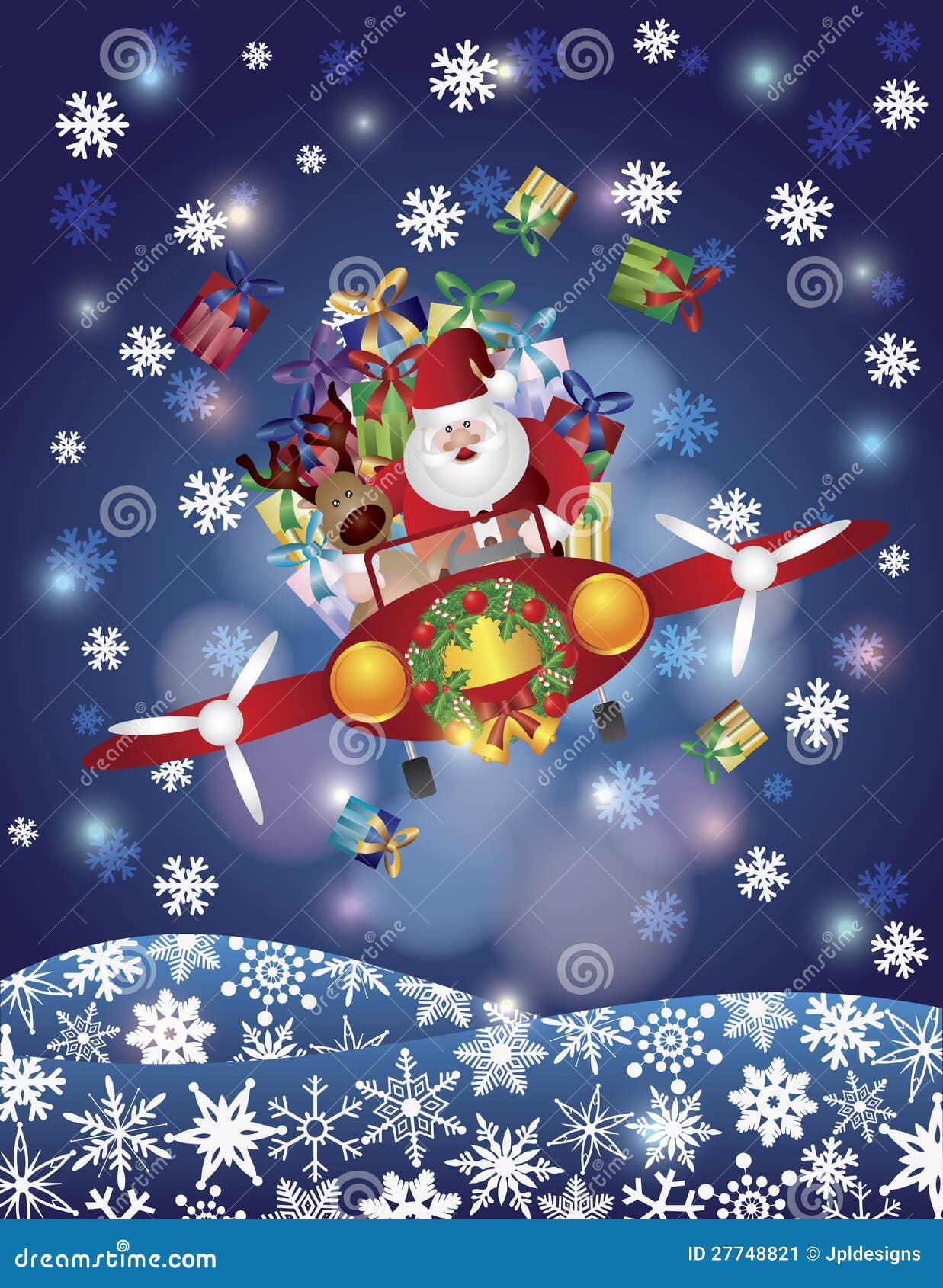 Santa and Reindeer Flying in Vintage Plane Stock Vector - Illustration ...