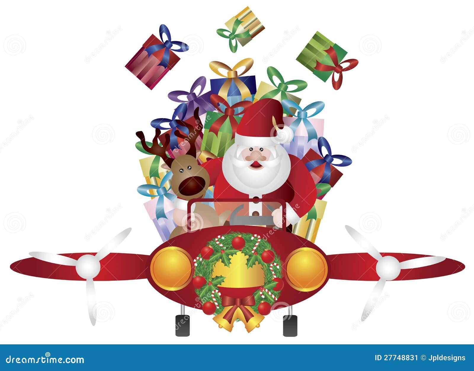 Santa and Reindeer Flying in Vintage Plane Stock Vector - Illustration ...
