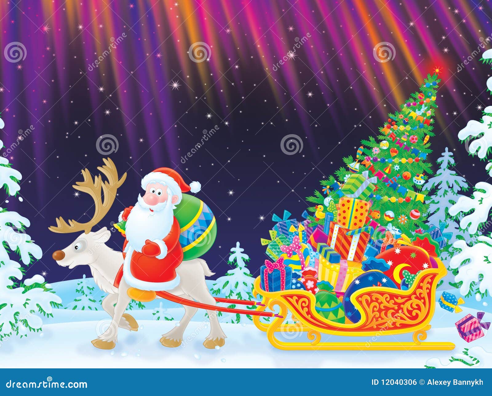 Santa Rides on Reindeer Dragging the Sledge Stock Illustration ...