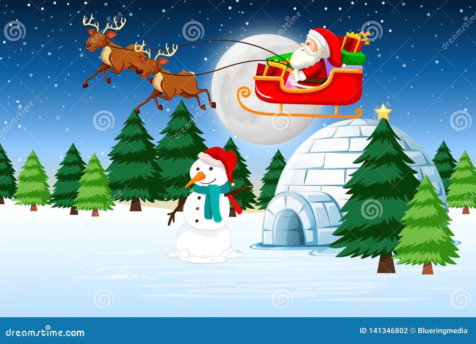 A santa riding sleigh stock vector. Illustration of nature - 141346802