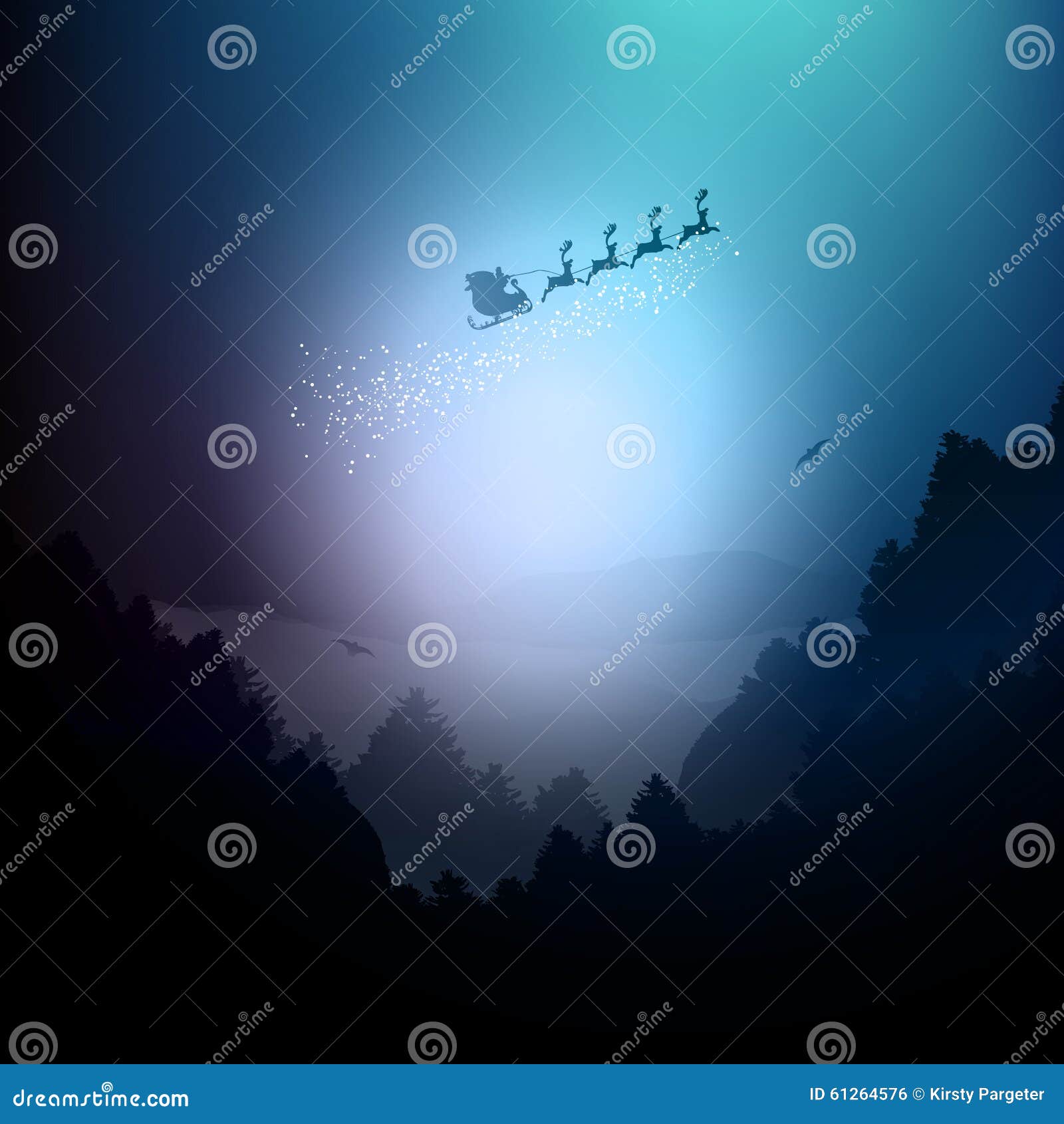 Santa in the Sky Flying Over Mountains and Trees Landscape Stock ...