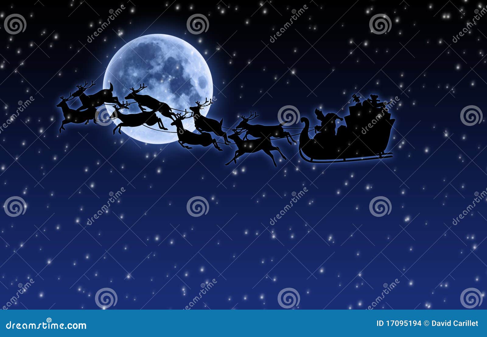 Santa Sleigh and Reindeer with Full Moon and Snow Stock Illustration ...