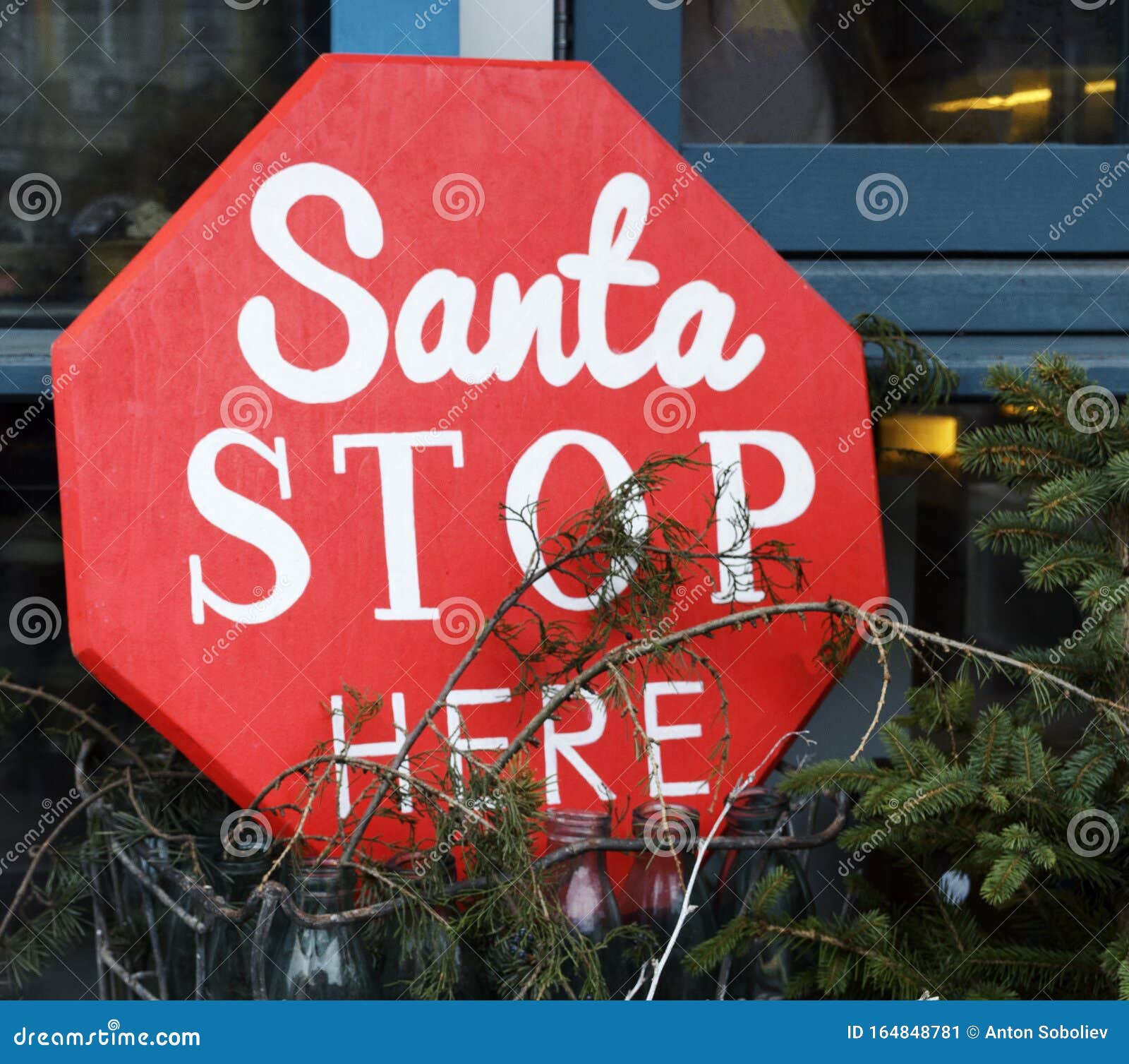 Santa Stop Here Sign in New Year Tree Stock Image - Image of greeting ...