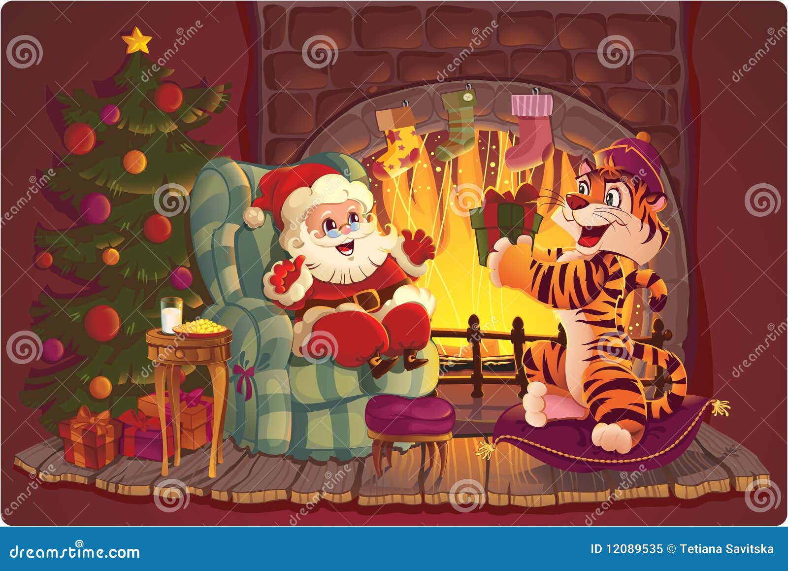 Santa and Tiger. stock illustration. Illustration of east - 12089535