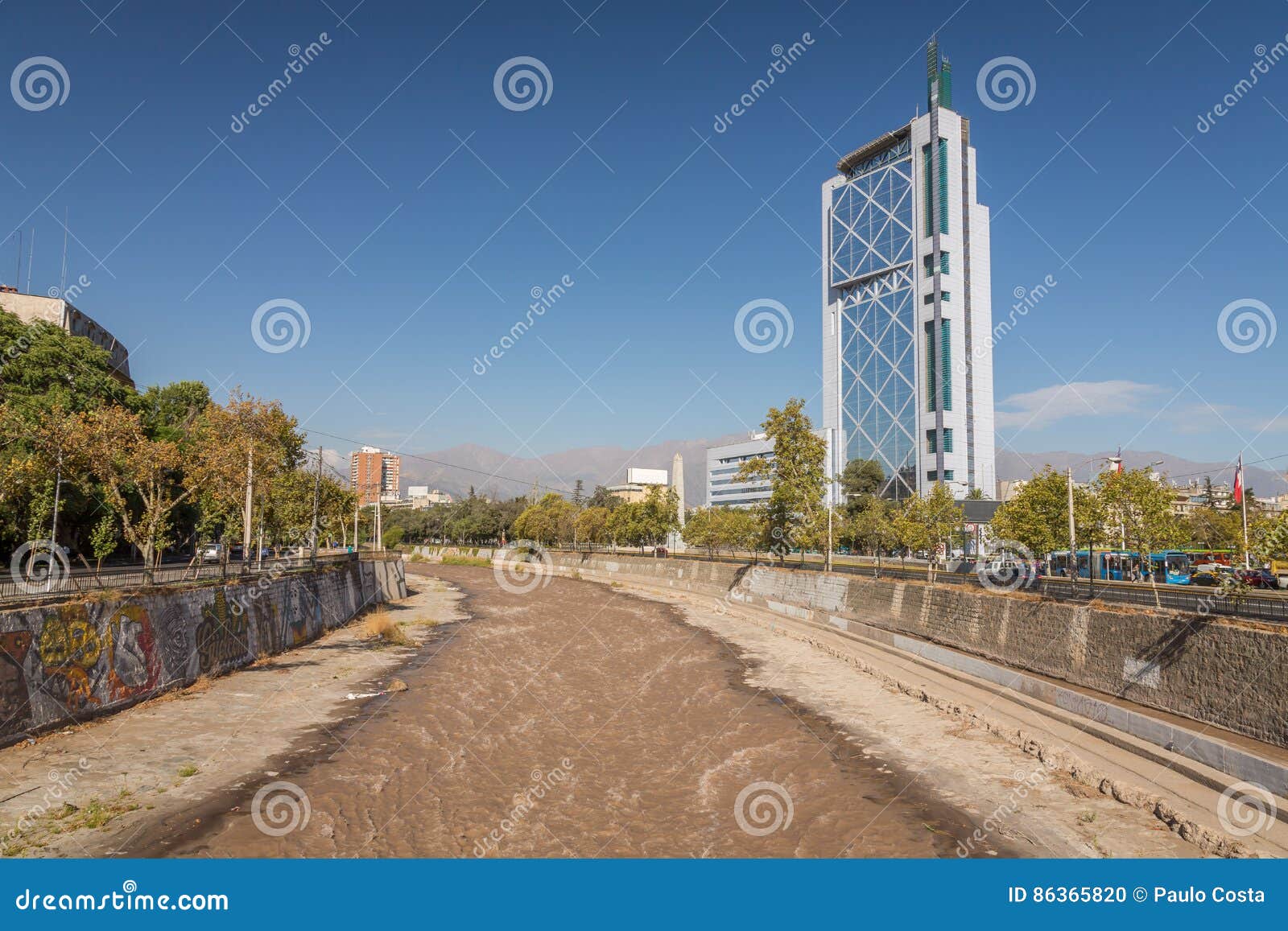 Santiago Skyline At Bicentenario Park With Las Busqueda Sculpture And ...