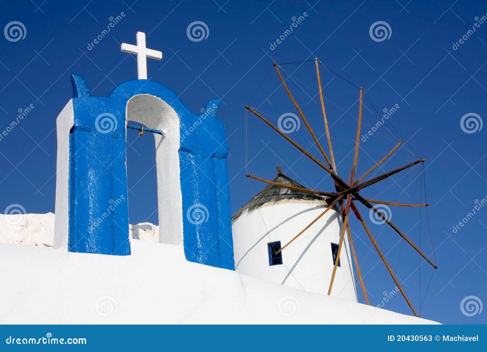 Santorini, a Church and a Windmill Stock Image - Image of picturesque ...