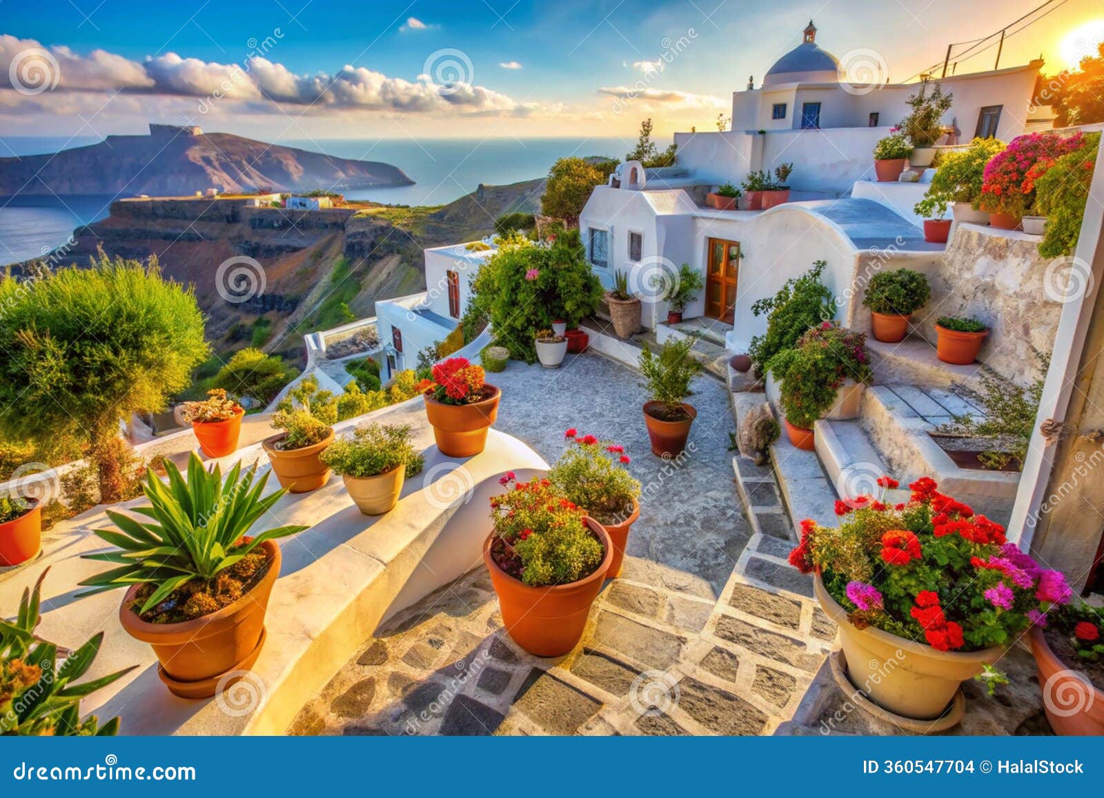Santorini Landscape with Traditional Greek Yard Stock Illustration ...